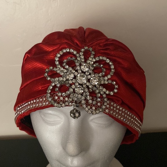 Accessories | Vintage Red Satin Rhinestone Turban | Poshmark